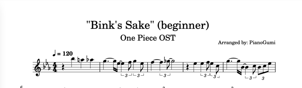 [full] One Piece OST - "Bink's Sake" - BEGINNER Piano Sheet Music