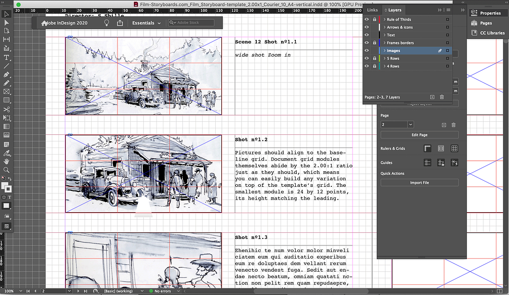 InDesign storyboard template 2.00:1 aspect ratio, Courier 10pt on A4 ...
