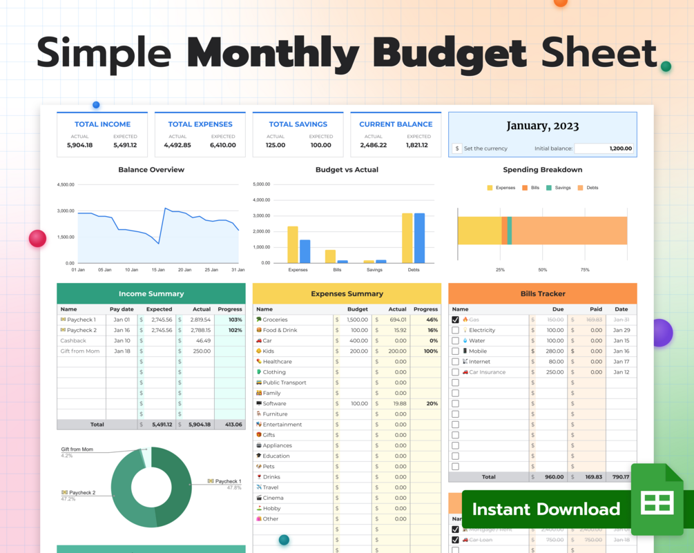 Simple Monthly Budget Spreadsheet Template for Google Sheets with ...