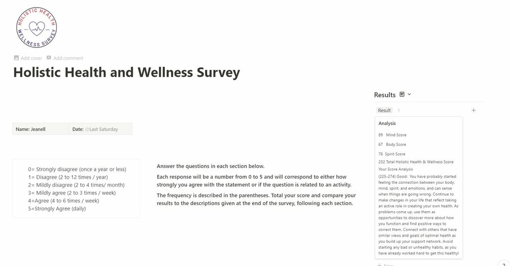 Notion Heath and Wellness Survey Template
