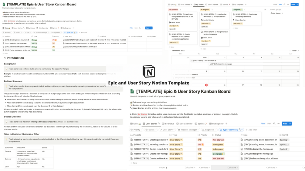 Epic and User Story Notion Template