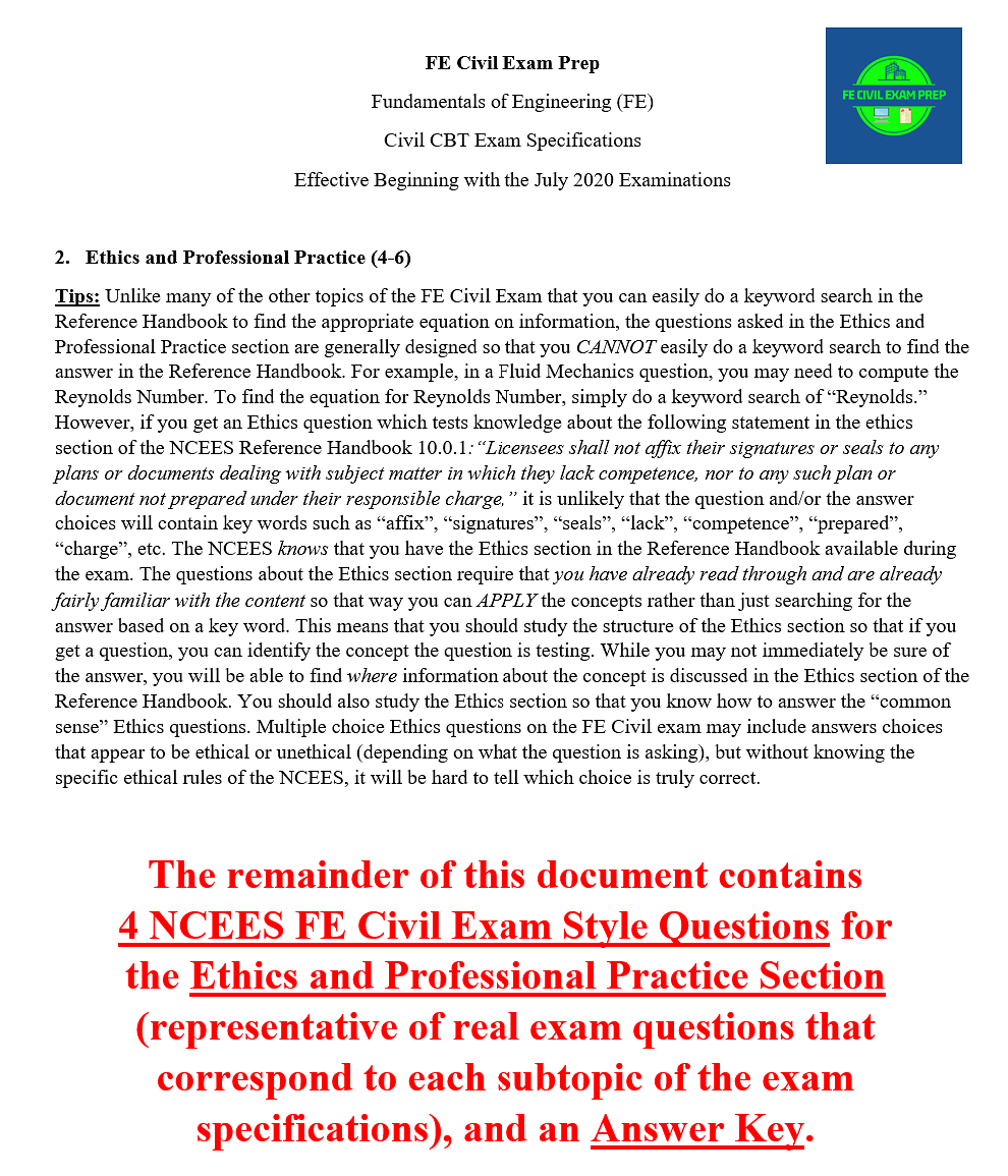 FE Civil Exam Practice Questions: 2 - Ethics and Professional Practice