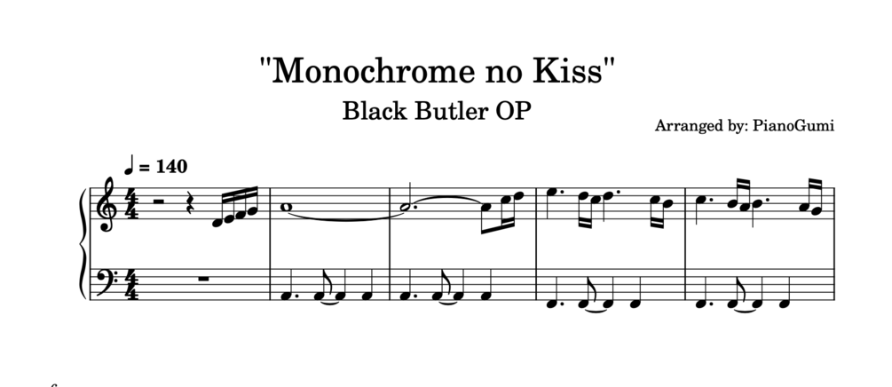 Black Butler OP - "Monochrome no Kiss" - Piano Sheet Music