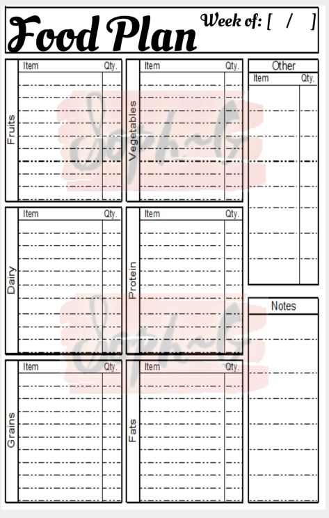 Fillable Food Plan/Inventory Log
