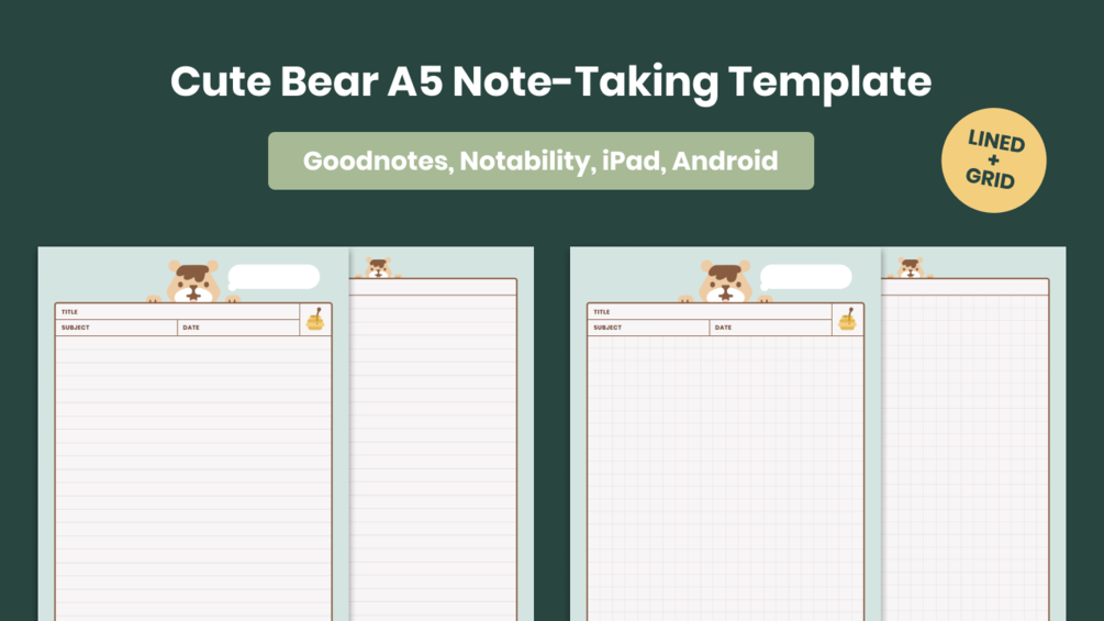 Cute Bear A5 Digital Note Taking Template | Lined + Grid | Goodnotes ...
