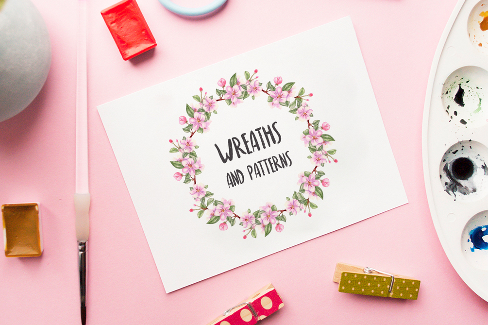 7 Wreaths And Patterns In Watercolor Style 