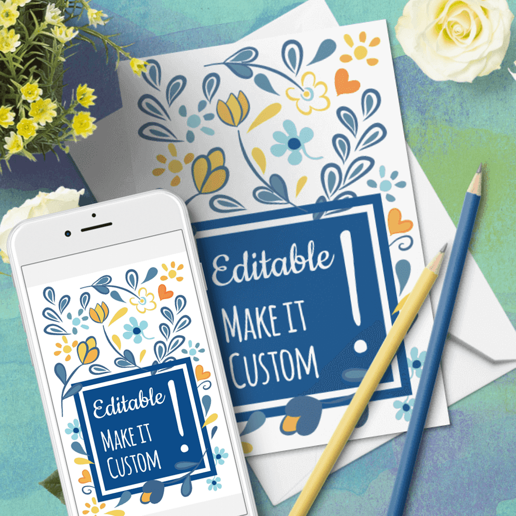 Editable Greeting Cards - White Blue Yellow Floral Pattern - PDF ...