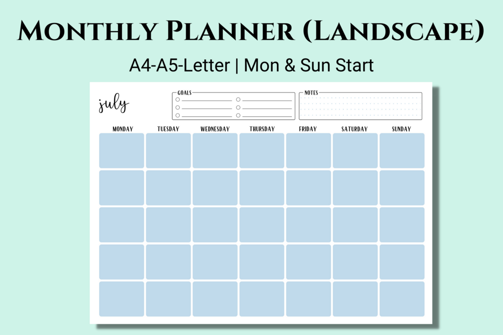 Undated Monthly Printable Planner (Landscape) | Blue