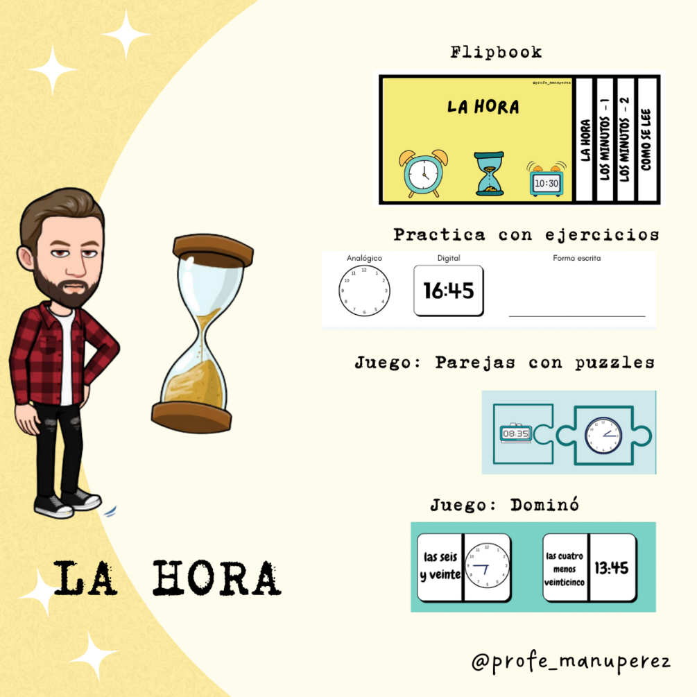 La hora: flipbook, fichas, puzle y dominó de horas