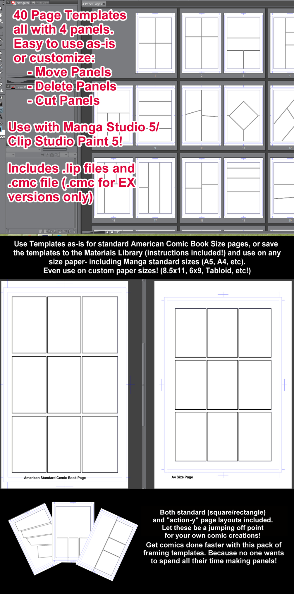 Manga Studio 5 Page Templates - 4 Panel Layouts