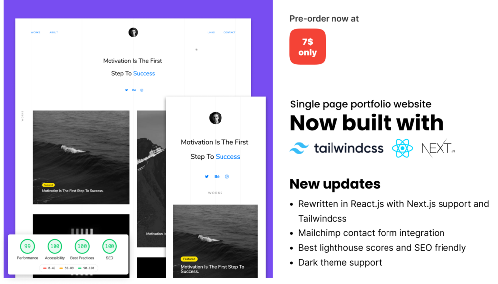 Pre-order : Single page portfolio website - Tailwind + Next.js