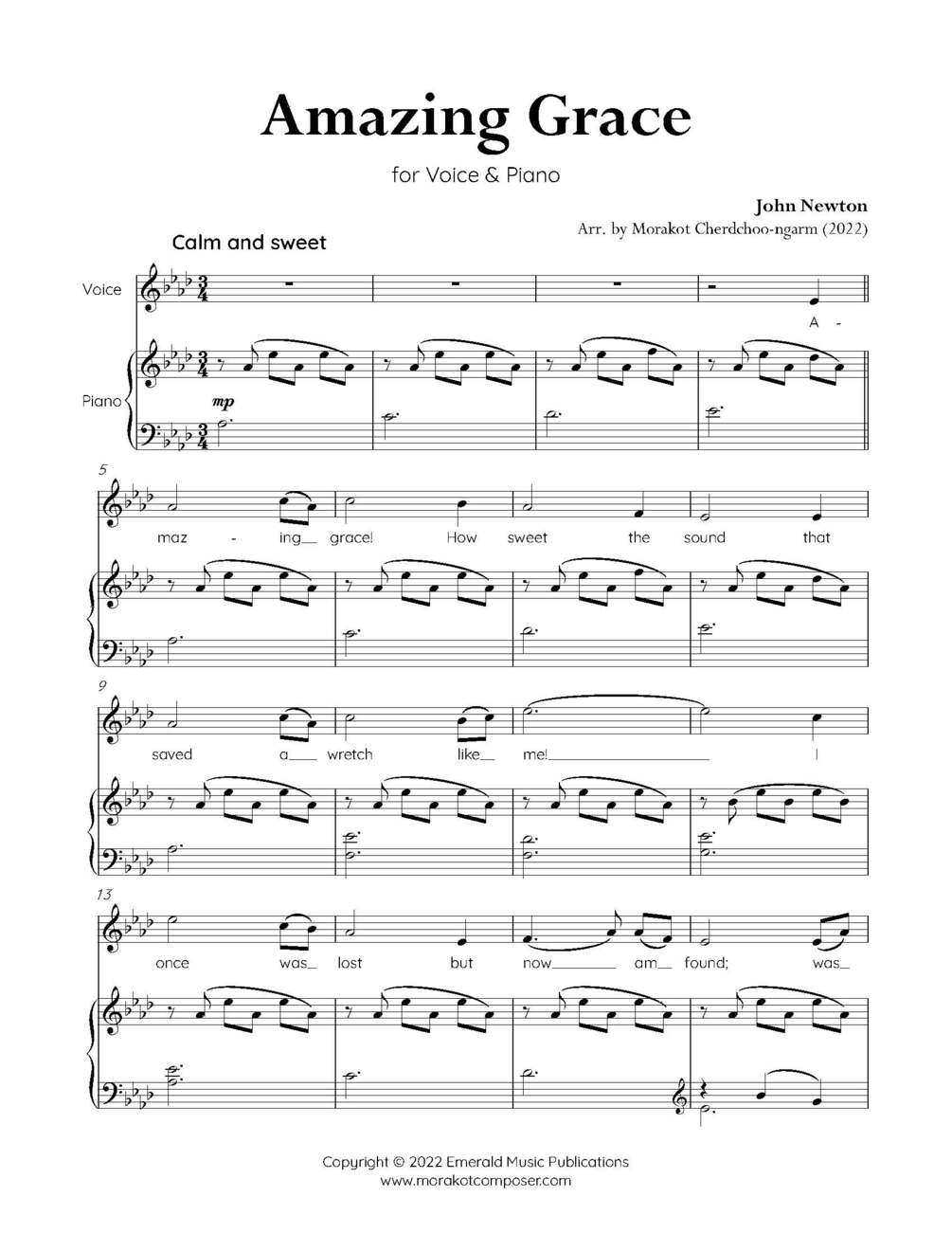 AMAZING GRACE for Voice & Piano (A-flat Major) PDF + Audio MP3 Piano Accom