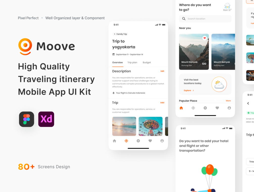 Moove - Travel Itinerary Mobile App UI Kit