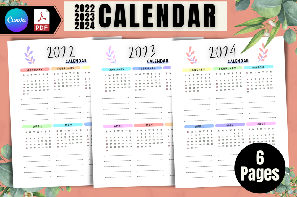 2022, 2023, 2024 Calendar Printable Canva Template