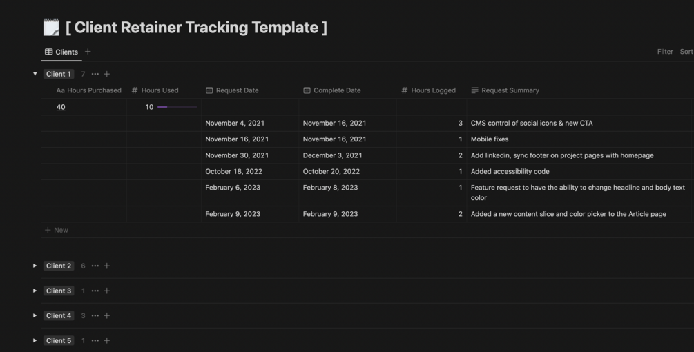 Notion Client Retainer Tracking Template