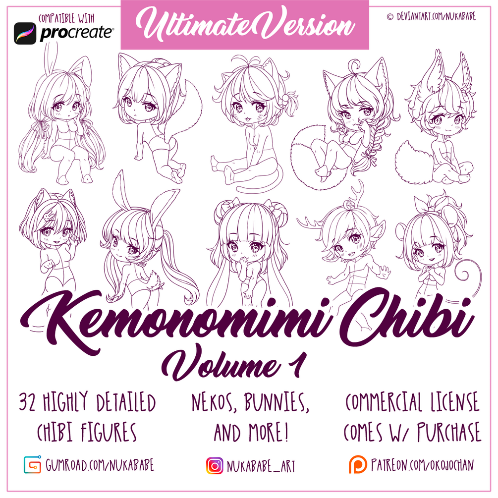 32 Procreate Stamps - Chibi Kemonomimi Poses Vol. 1 [+PNG]