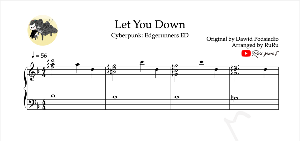 電馭叛客 邊緣行者Cyberpunk Edgerunners ED - Let You Down - Ru's Piano (Piano Sheet / Audio File)