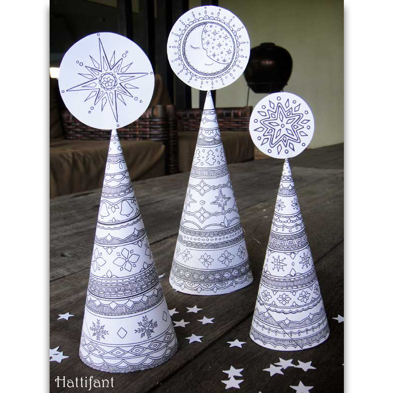 Christmas Tree Cones Papercraft to Color
