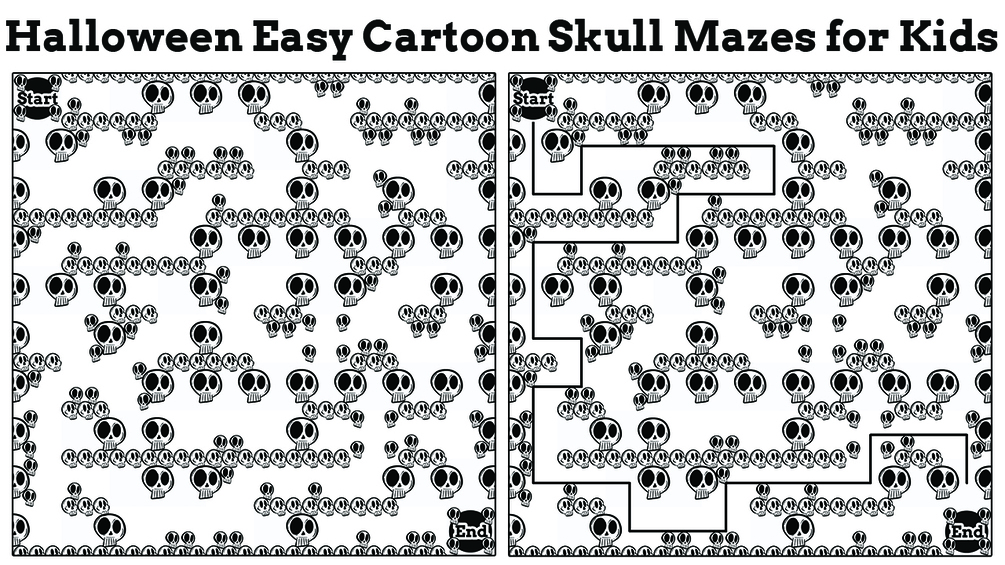 100 Halloween Easy Cartoon Skull Mazes for Kids
