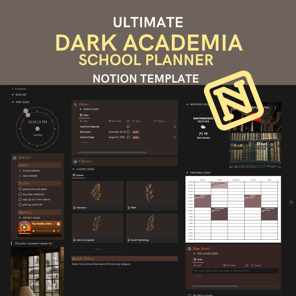 Dark Academia notion template, Student Digital Planner, School Notion ...
