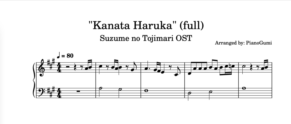 [full] Suzume no Tojimari OST - "Kanata Haruka" - EASY Piano Sheet Music
