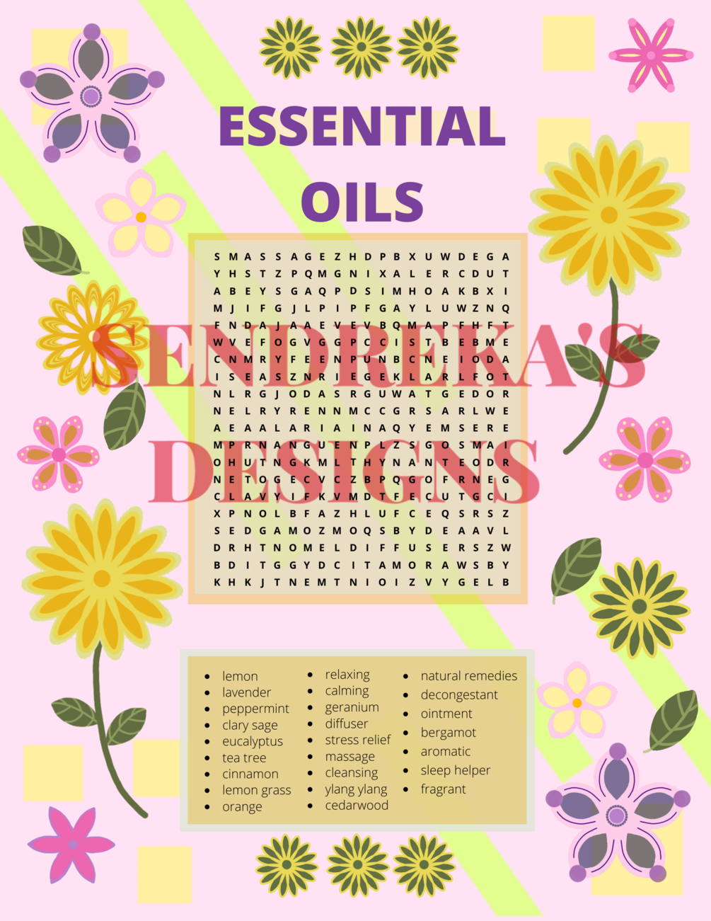 PDF Word Search Puzzle with Essential Oils Theme