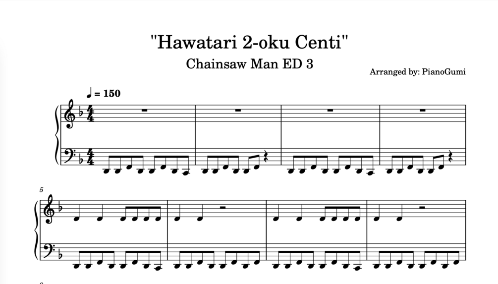 Chainsaw Man ED 3 - "Hawatari 2-oku Centi" - EASY Piano Sheet Music