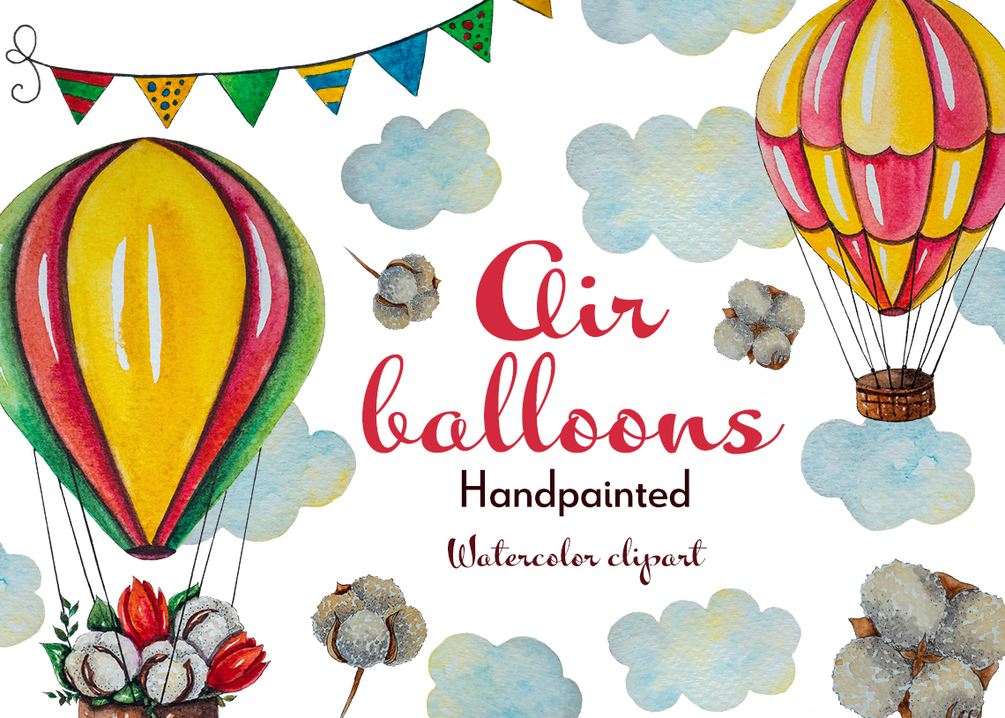 Hot air balloons watercolor handpainted clipart