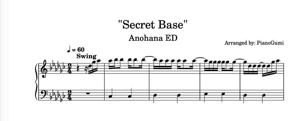 Anohana ED - "Secret Base" - Piano Sheet Music