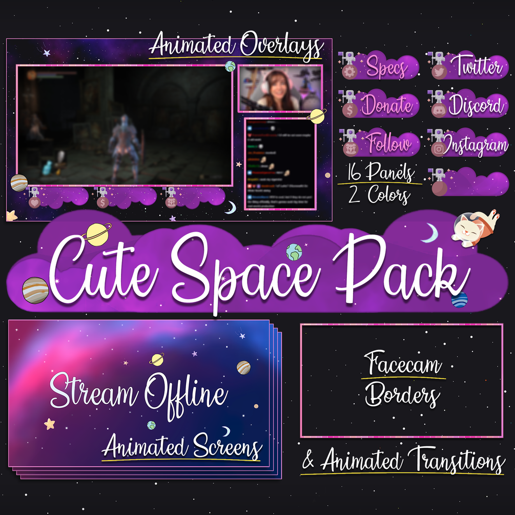 Cute Space Animated Stream Overlay Package | Twitch Graphics | Cat ...