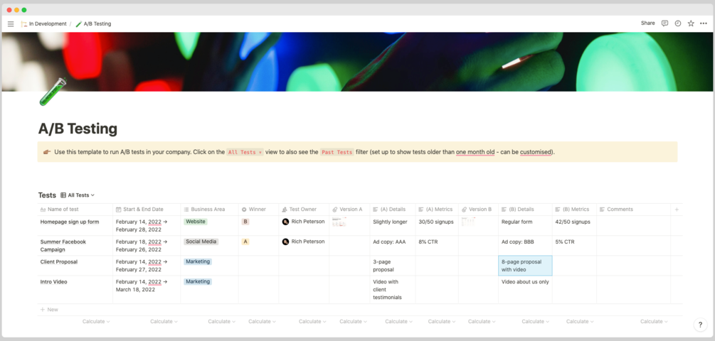 Notion A/B Testing Template