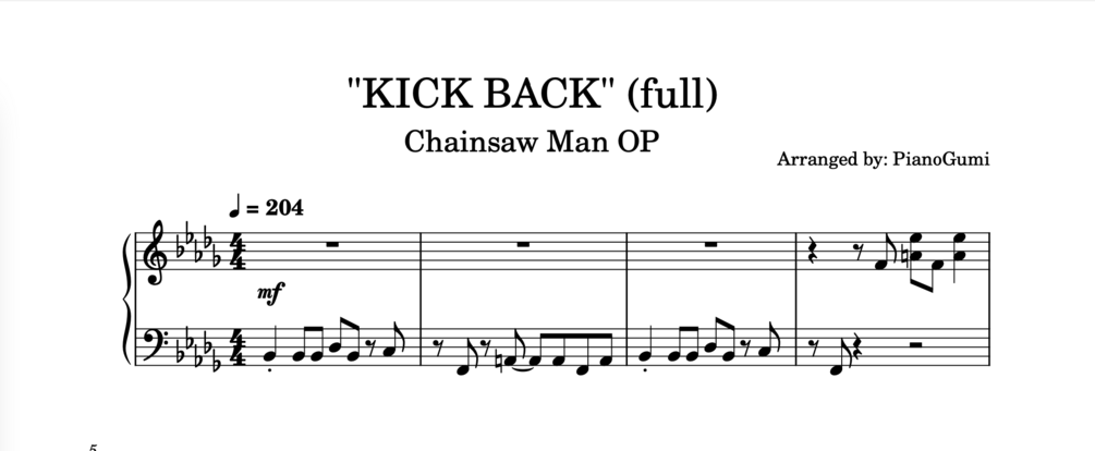 [full] Chainsaw Man OP - "KICK BACK" - INTERMEDIATE Piano Sheet Music