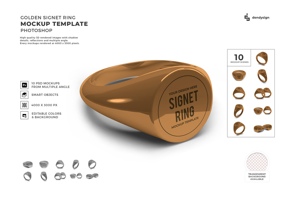 Rounded Golden Signet Ring Mockup Template Set