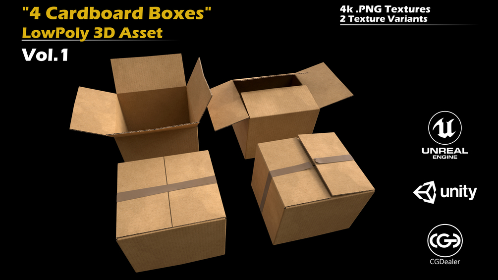 4 Cardboard Boxes - Low Poly, 3D Asset