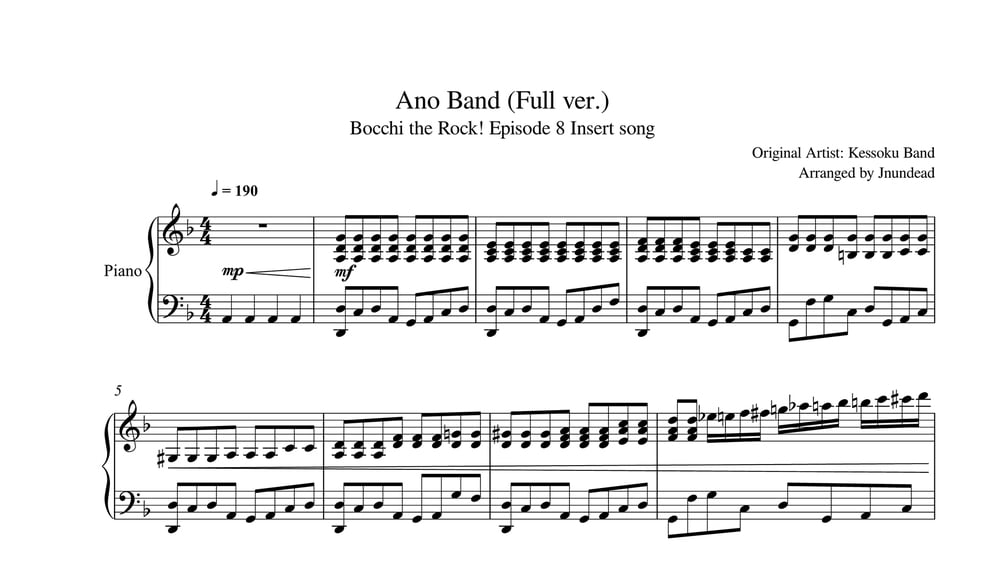 [Bocchi the Rock! EP 8 Insert song] Ano Band (Full ver.) Piano Arrangement