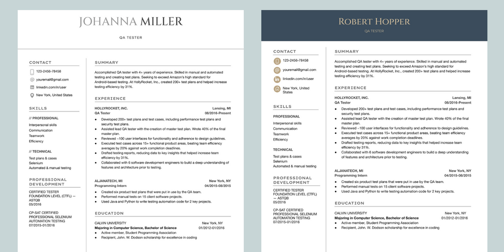 Modern QA Tester Resume Templates for Google Docs
