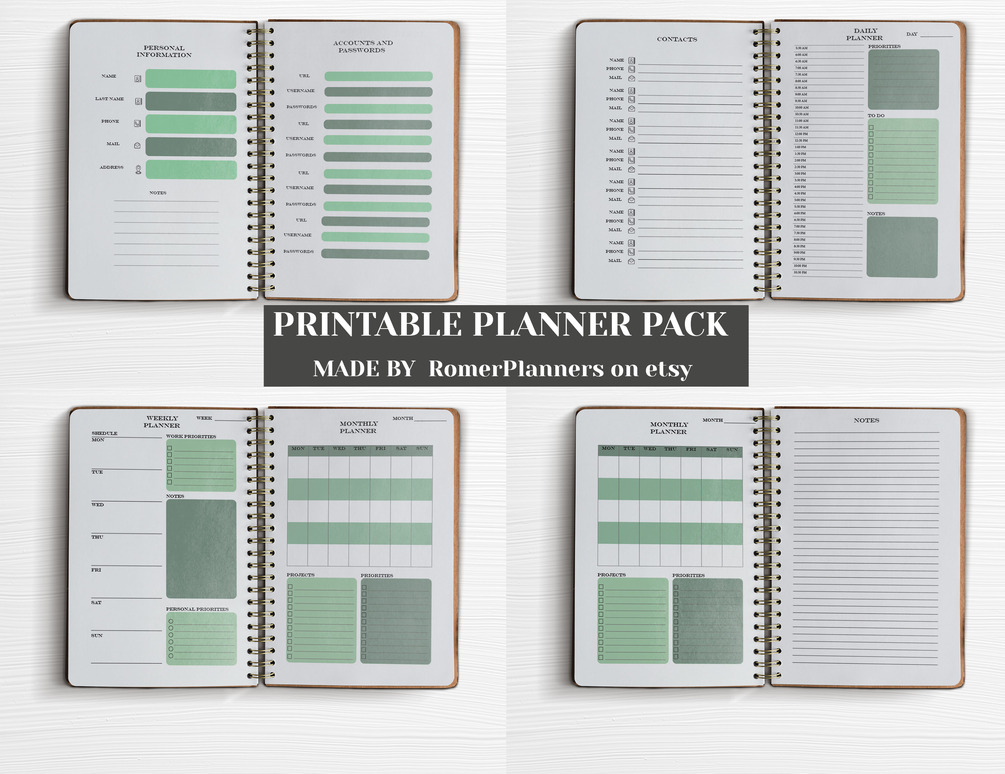 Green Daily Planner, Green Weekly Planner, Green Monthly Planner, Green ...
