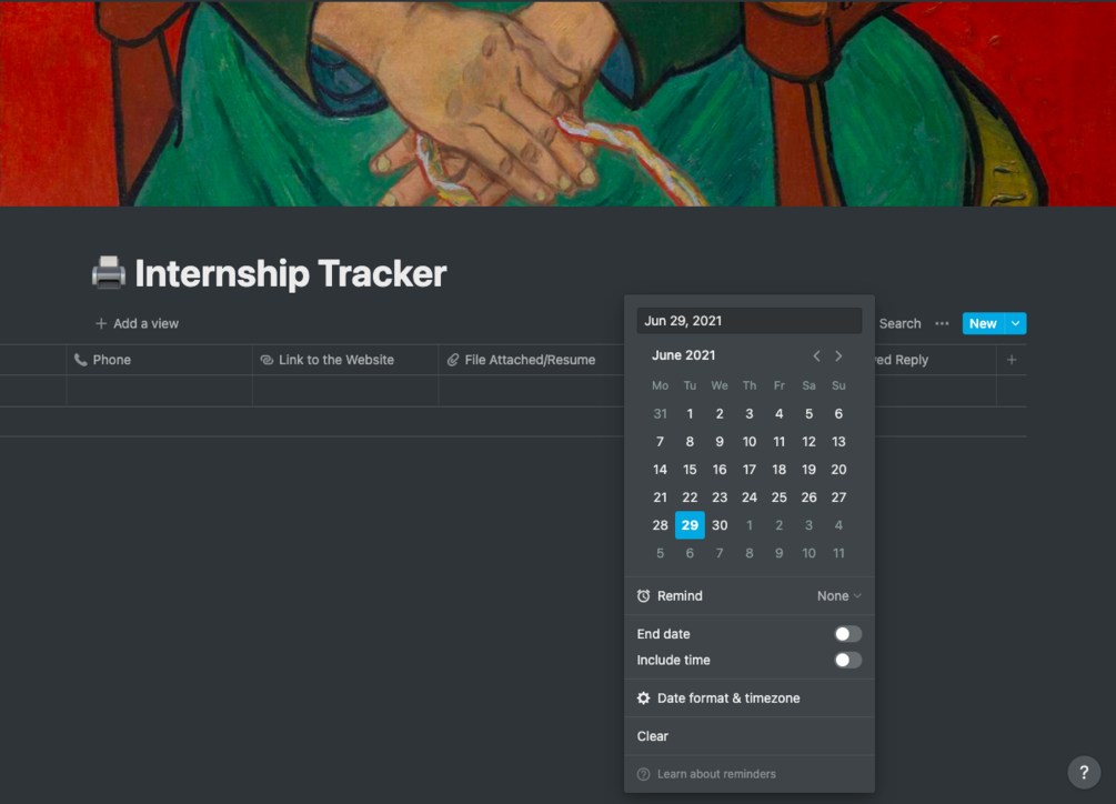 Internship tracker Notion Template