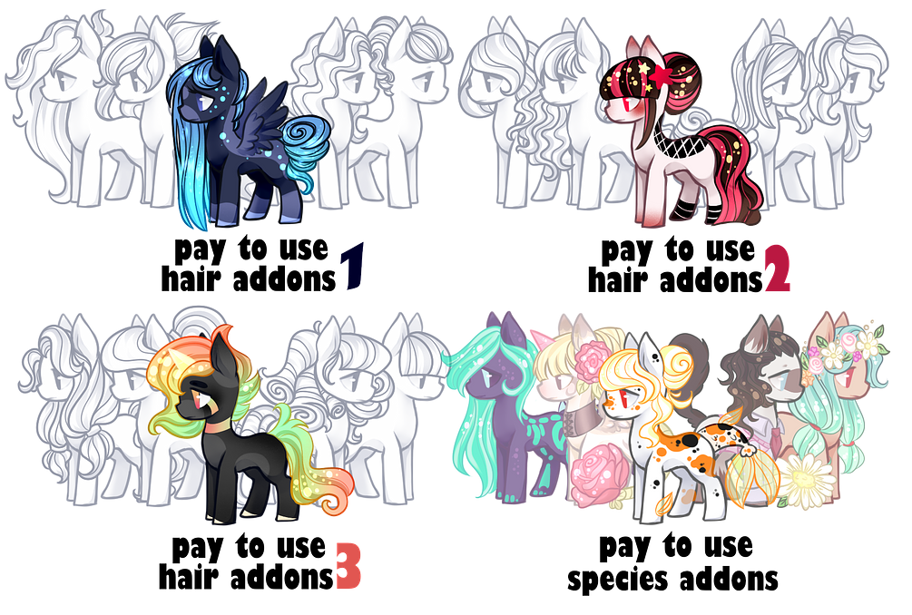 Addons Haircuts 1+2+3 + Species for pony base by BaseAdopts