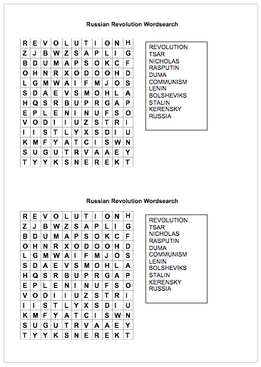 Russian Revolution Wordsearch