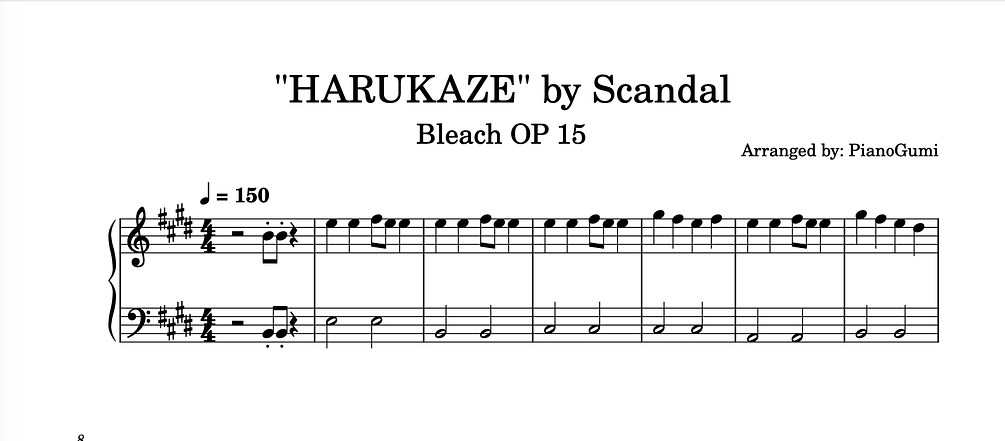 Bleach OP 15 - "Harukaze" - Piano Sheet Music