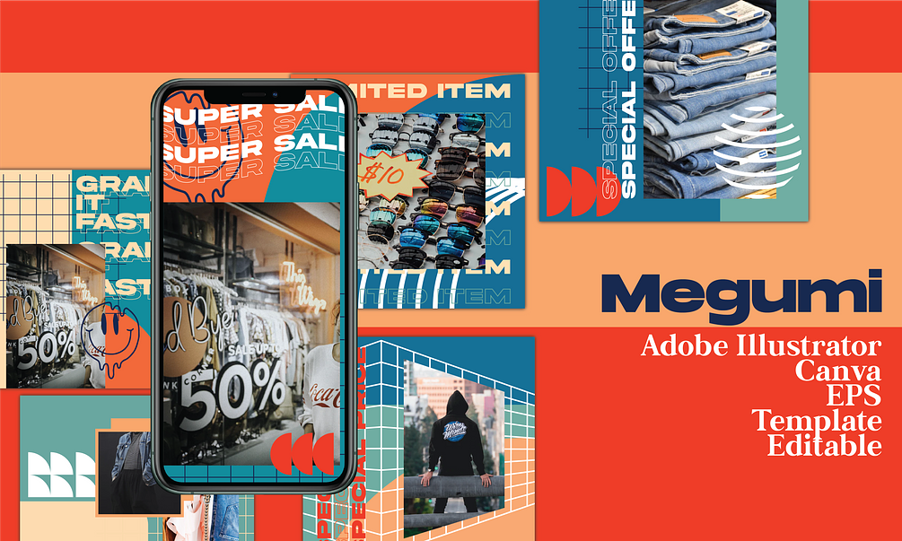 Social Media Template Retro Style (Megumi) 12 Feed Post & 6 Stories Post