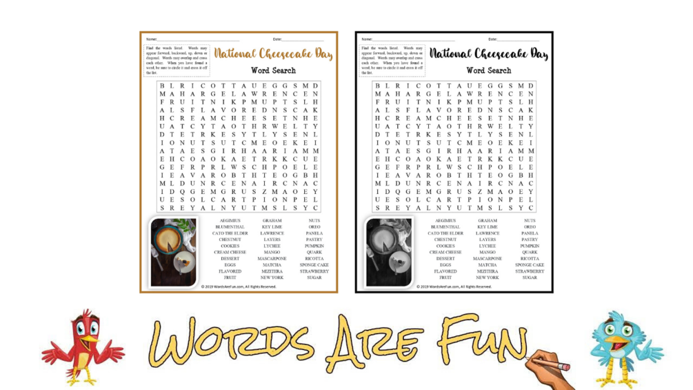 NATIONAL CHEESECAKE DAY Word Search Puzzle Handout Fun Activity