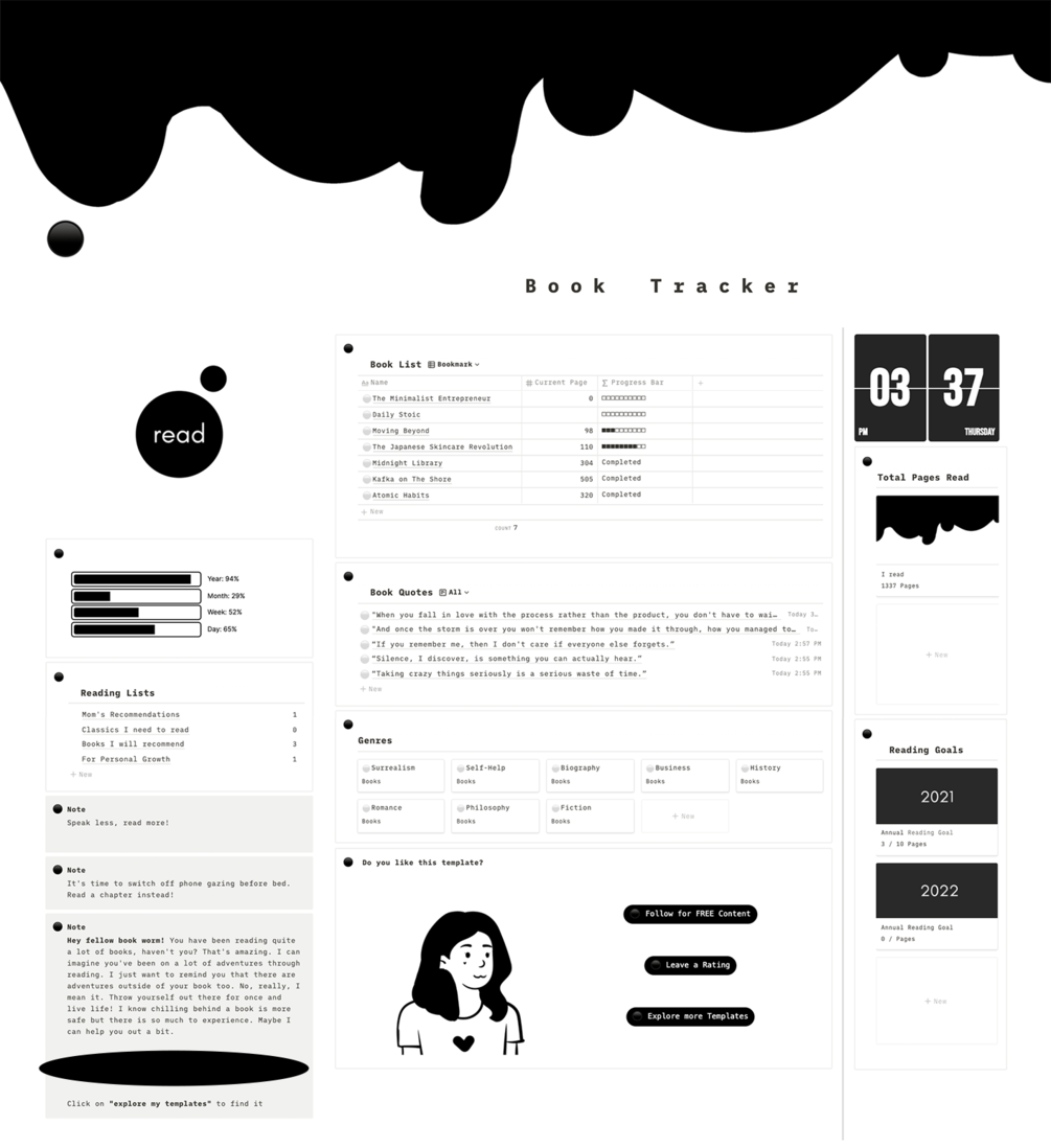 Notion Black Minimalist Book & Quote Tracker