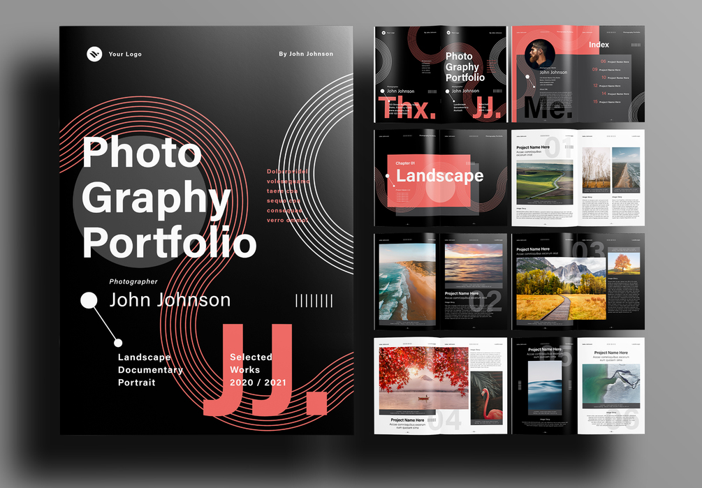 Modern Photography Portfolio Layout with Black and Red (InDesign)