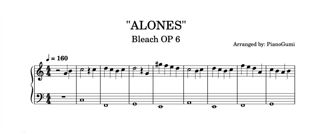 Bleach OP 6 - "ALONES" - Piano Sheet Music