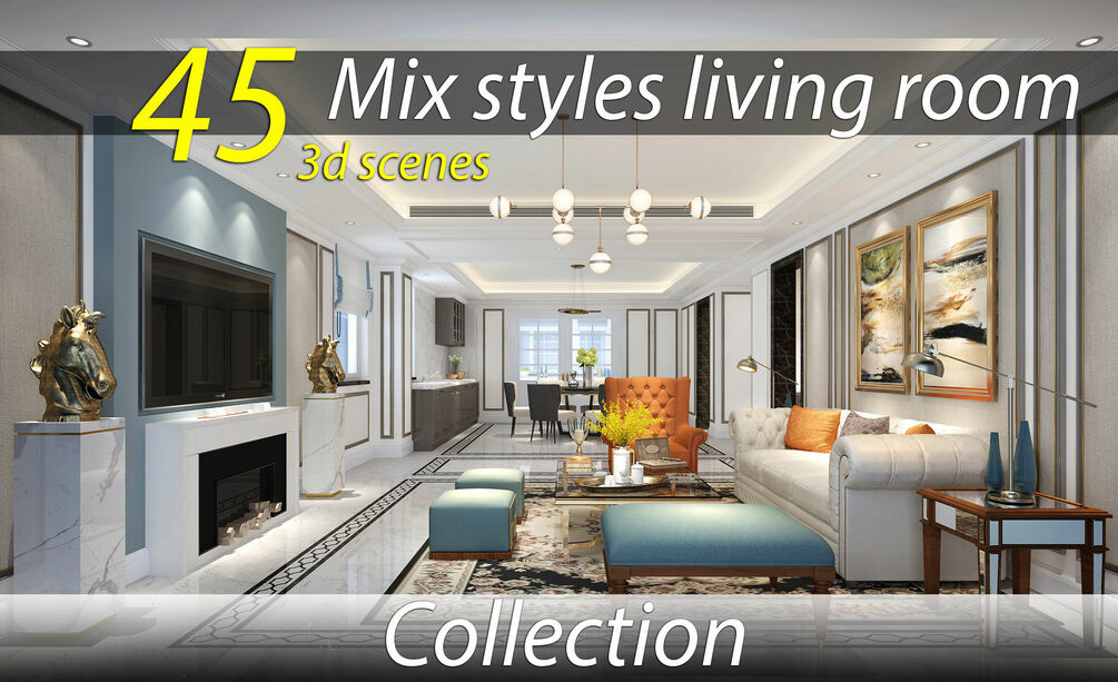 living room interior 3d scene MIX STYLES
