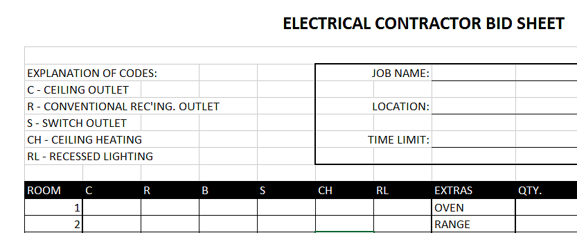 ELECTRICAL CONTRACTOR BID SHEET