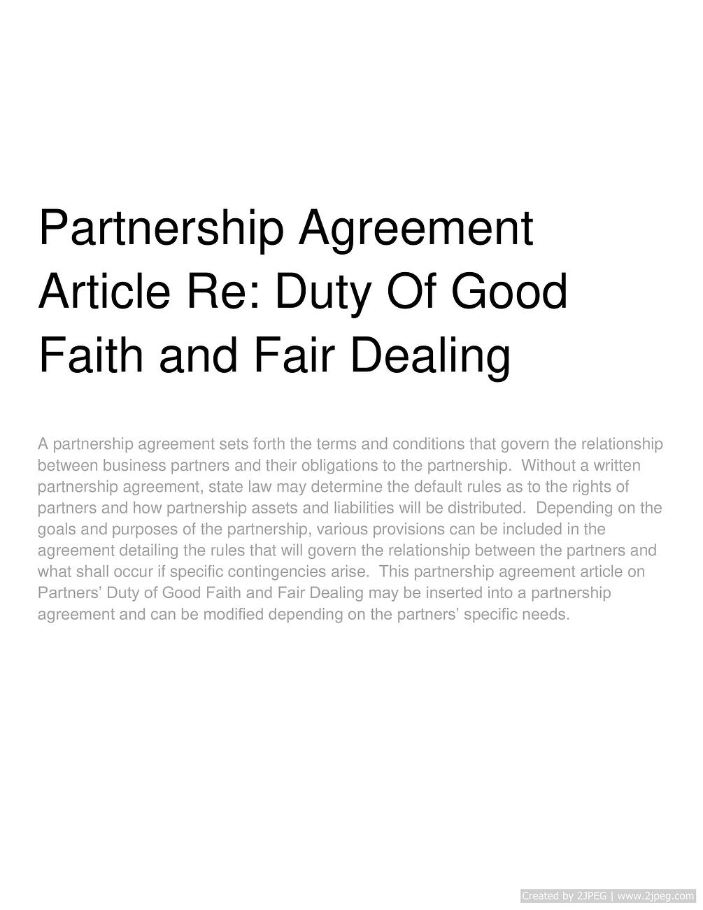 Partnership Agreement Article Re: Duty Of Good Faith and Fair Dealing