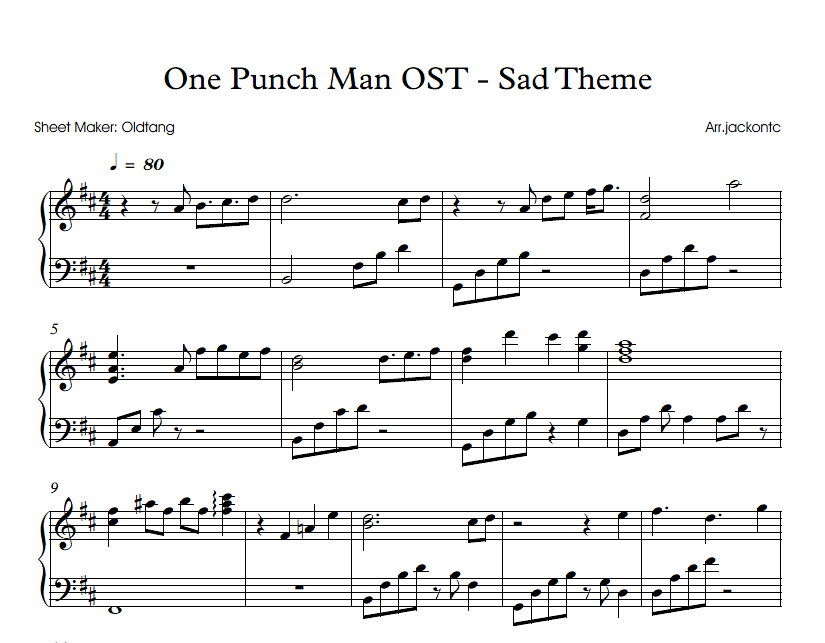 One Punch Man OST - Sad Theme (PIANO SHEET)